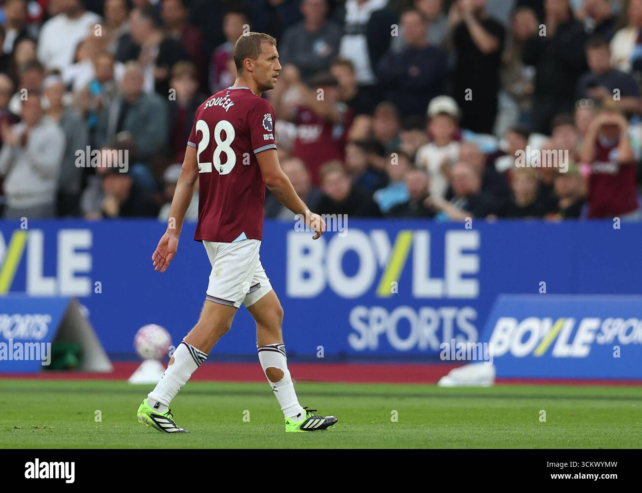 West Ham United's Tomas Soucek leaves the game after being shown a red ...