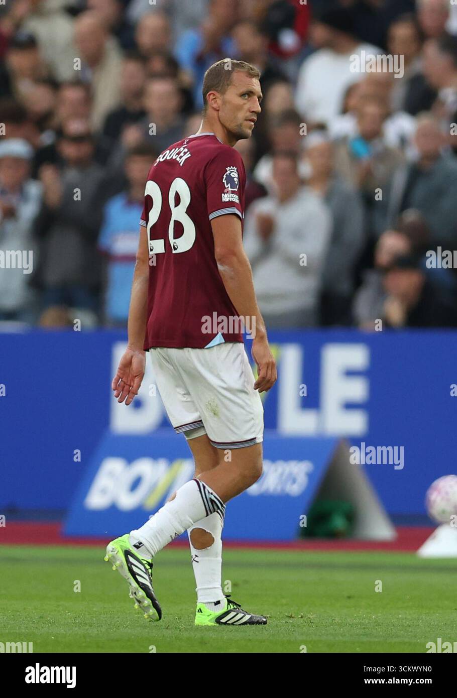 West Ham United's Tomas Soucek leaves the game after being shown a red ...