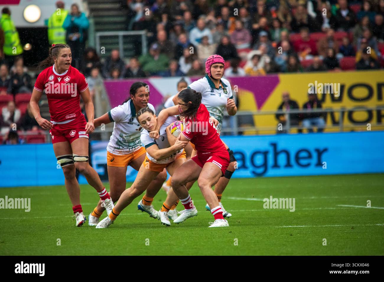 Bristol, UK, 13th September 2025 Canada fullback Julia Schell fends off ...
