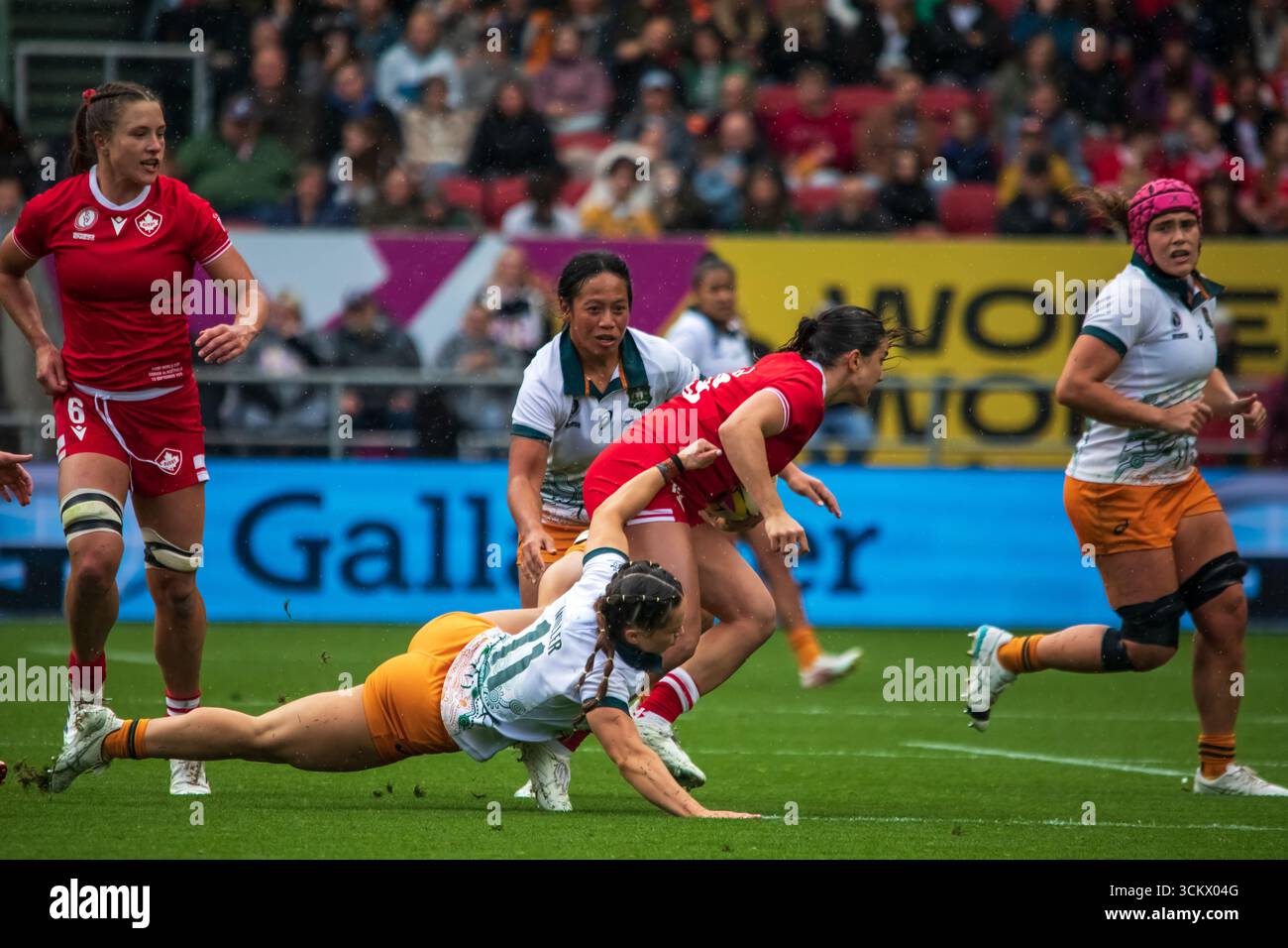 Bristol, UK, 13th September 2025 Canada fullback Julia Schell fends off ...