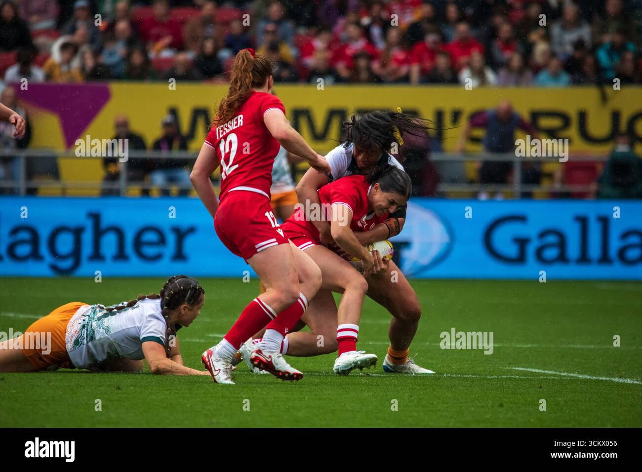 Bristol, UK, 13th September 2025 Canada fullback Julia Schell fends off ...