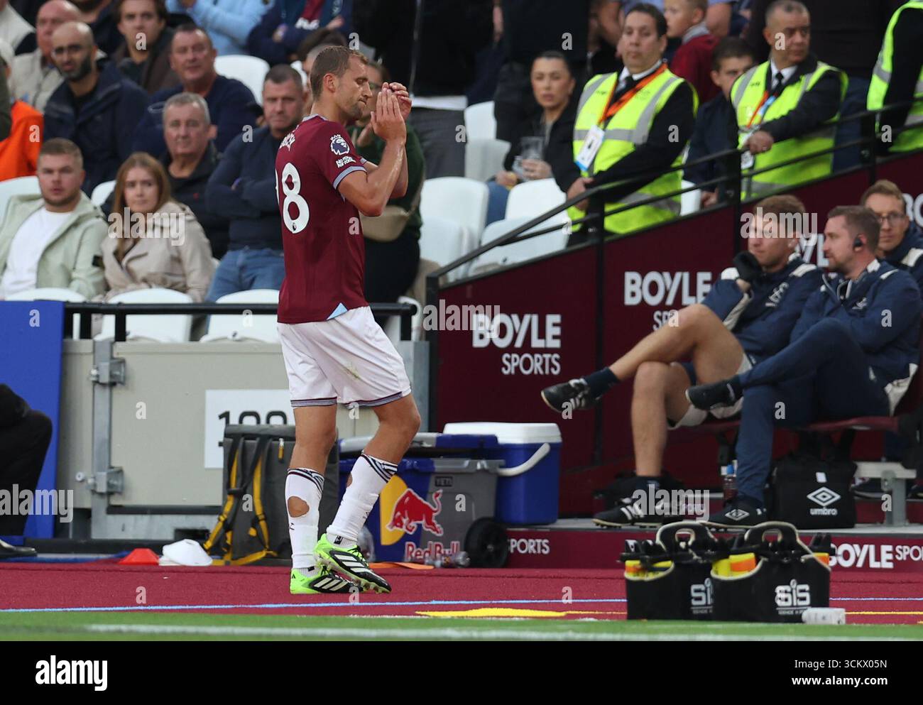 West Ham United's Tomas Soucek leaves the game after being shown a red ...