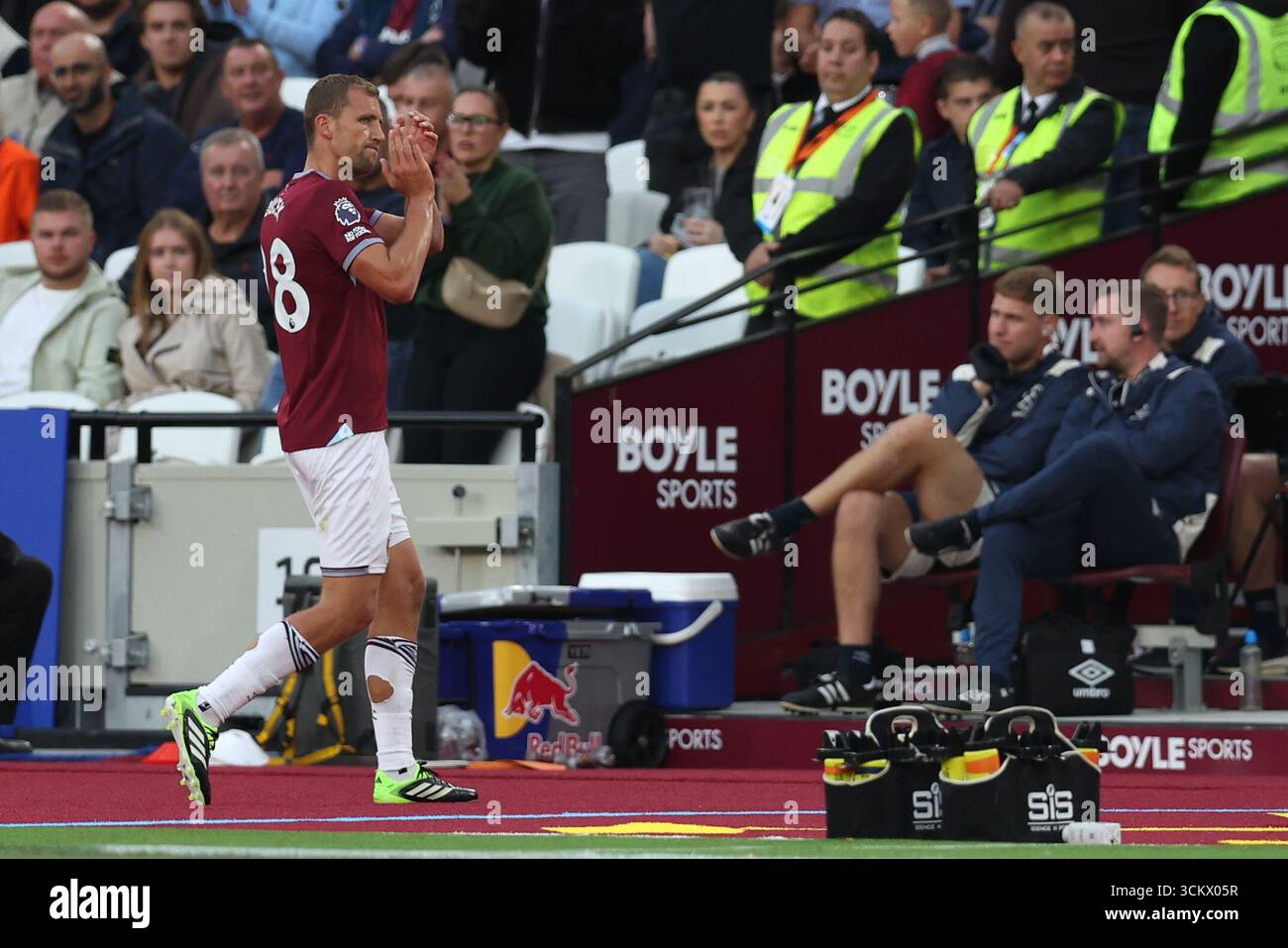 West Ham United's Tomas Soucek leaves the game after being shown a red ...