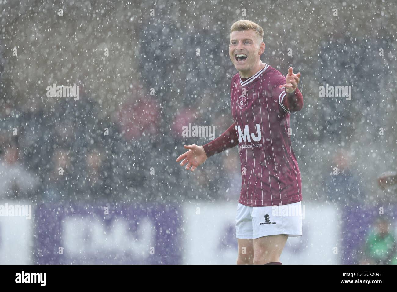 Jack Barham, of Chelmsford City, reacts to the decision of the referee ...