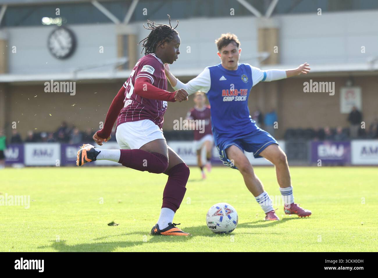 Junior Nkeng, of Chelmsford City, crosses the ball during the match between Chelmsford City FC ...