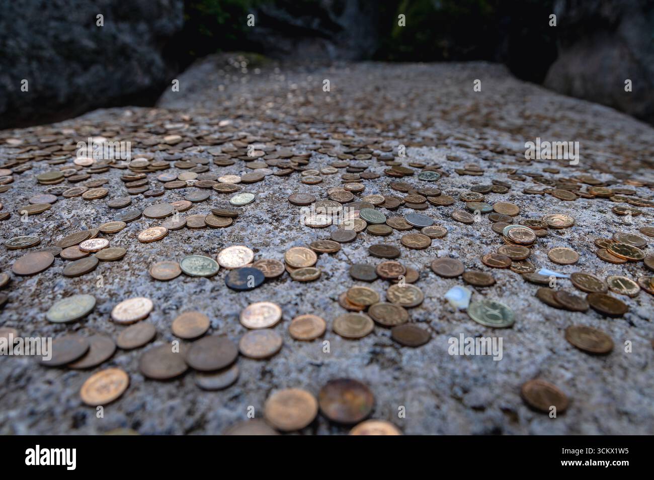 Coins on a ritual bed in Thracian ancient sanctuary Beglik Tash near ...