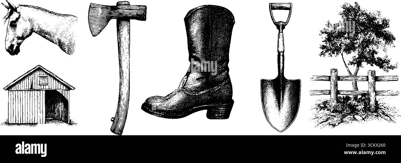 Rustic tools and structures collection featuring axe, barn, shovel ...
