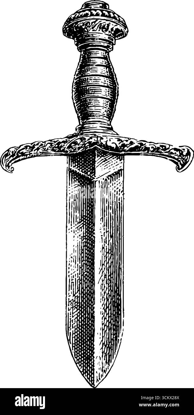 Vintage engraving of sword behind crest in classic pen style Stock ...