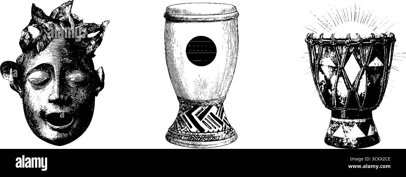 Traditional african artifacts with masks and drums for cultural design ...