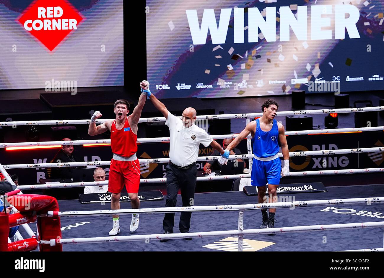 Torekhan Sabyrkhan (left) celebrates winning against Odel Kamara (right ...