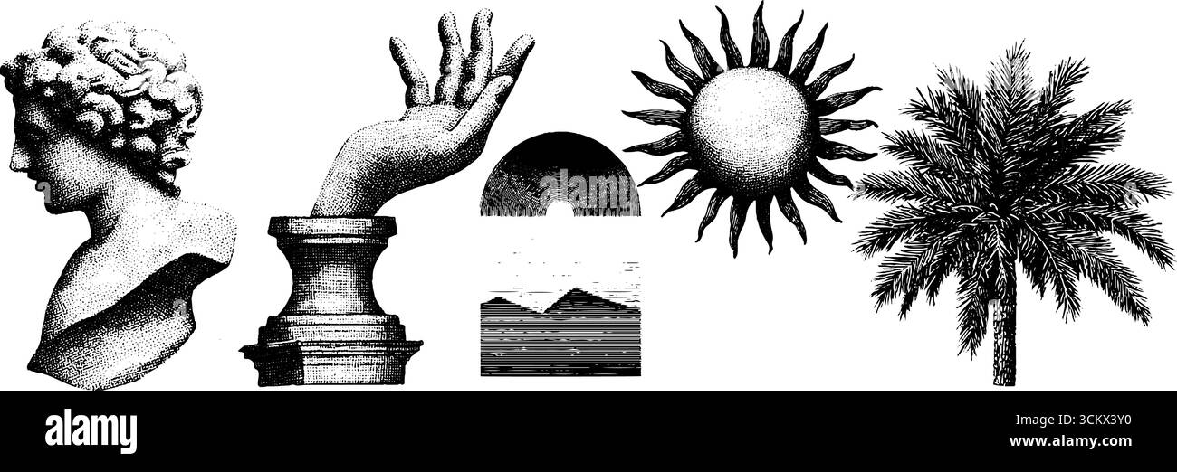 Vaporwave art elements collection featuring bust, hand, sun, landscape ...