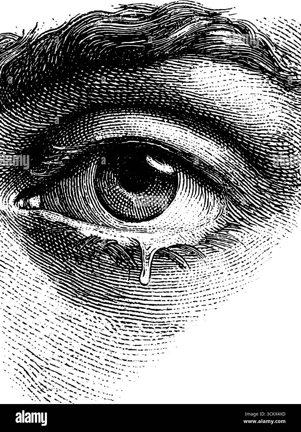 Eye with tear in vintage engraving style illustrates emotion and ...