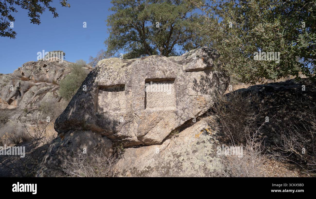 Ancient rock-cut altar with multiple niches under oak trees in Sardinia ...