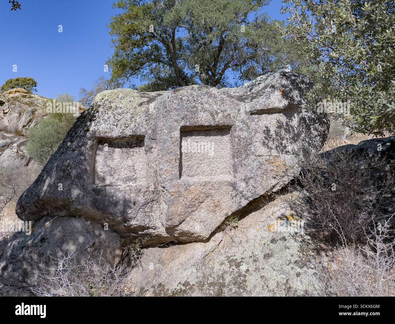 Ancient rock-cut altar with multiple niches under oak trees in Sardinia ...