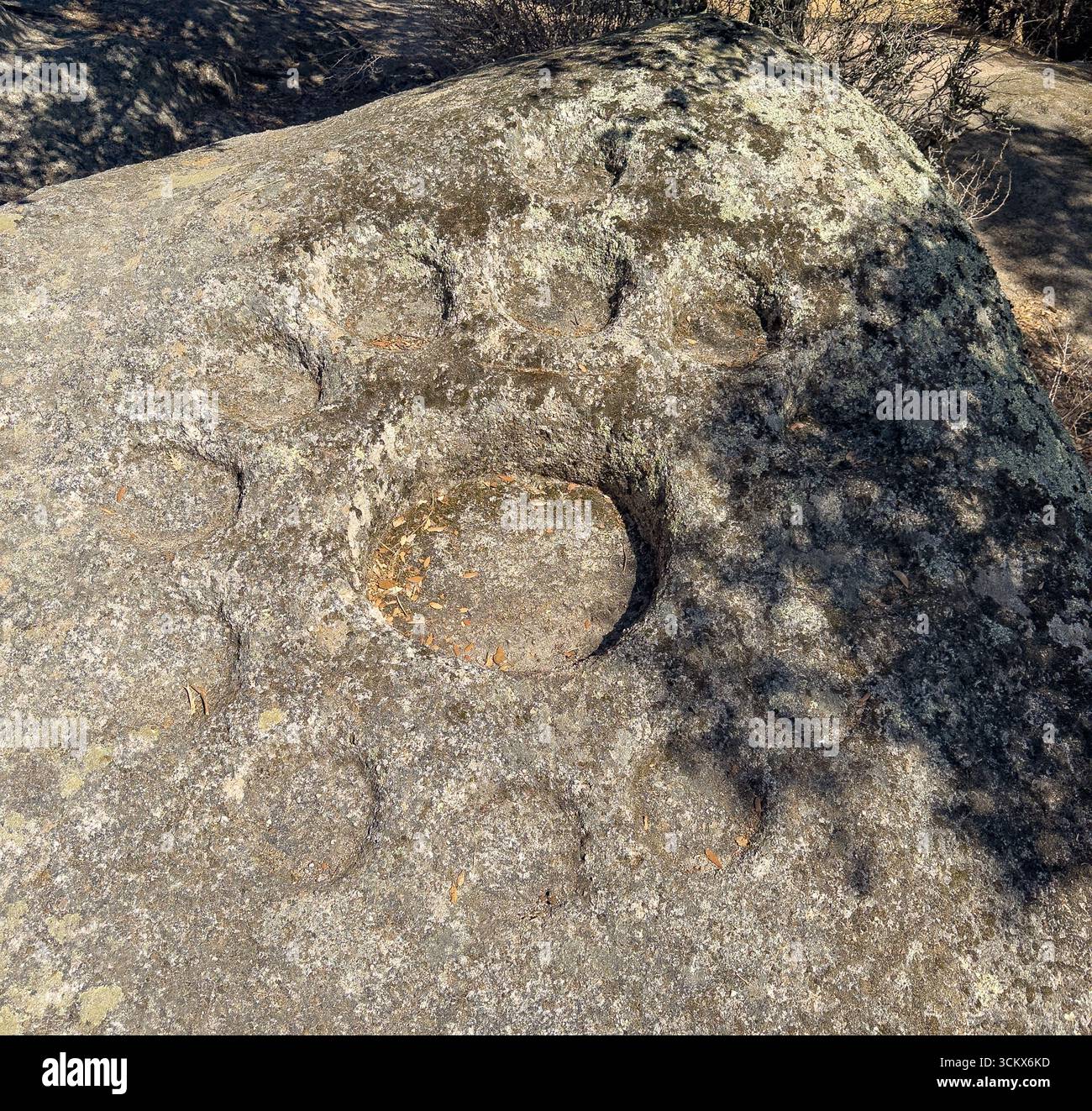 Ancient rock-cut altar with multiple niches under oak trees in Sardinia ...