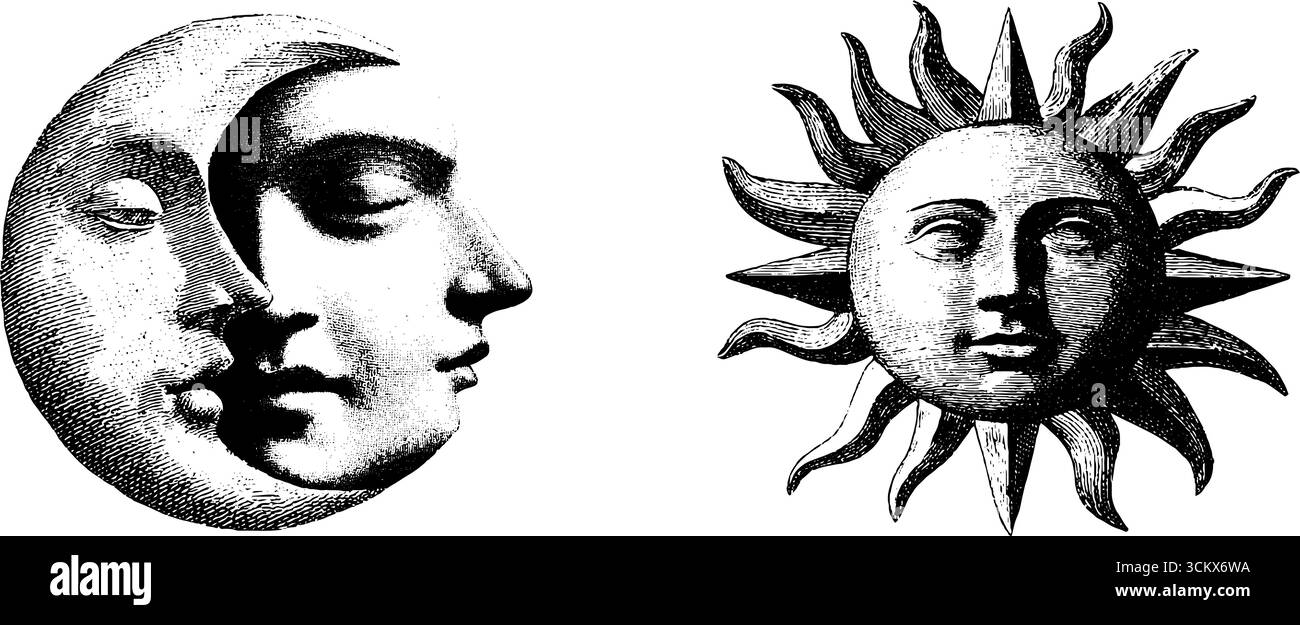 Vintage celestial pattern with sun and moon engravings for art and ...