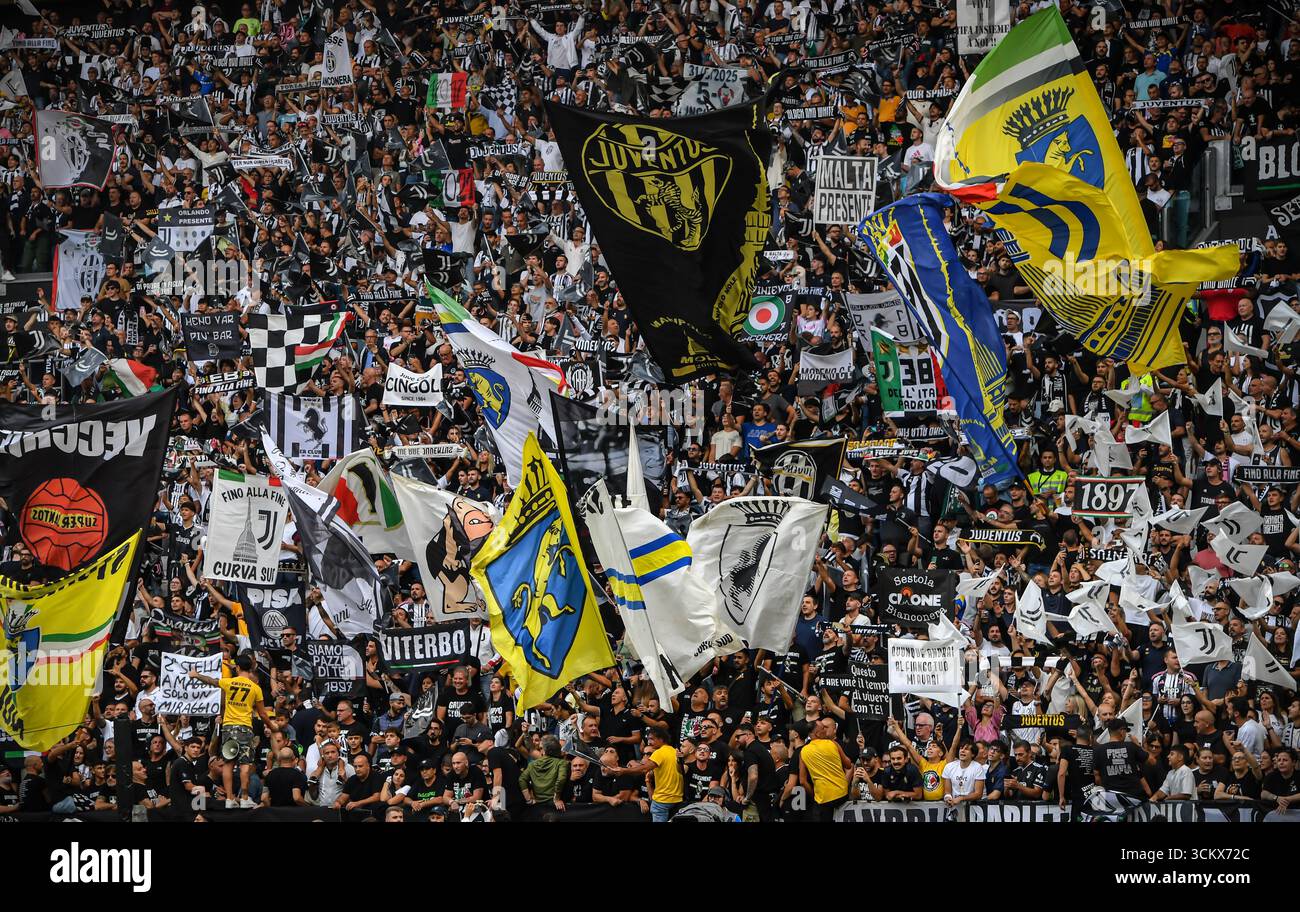 Fans of Juventus during the Serie A match between Juventus FC and FC ...