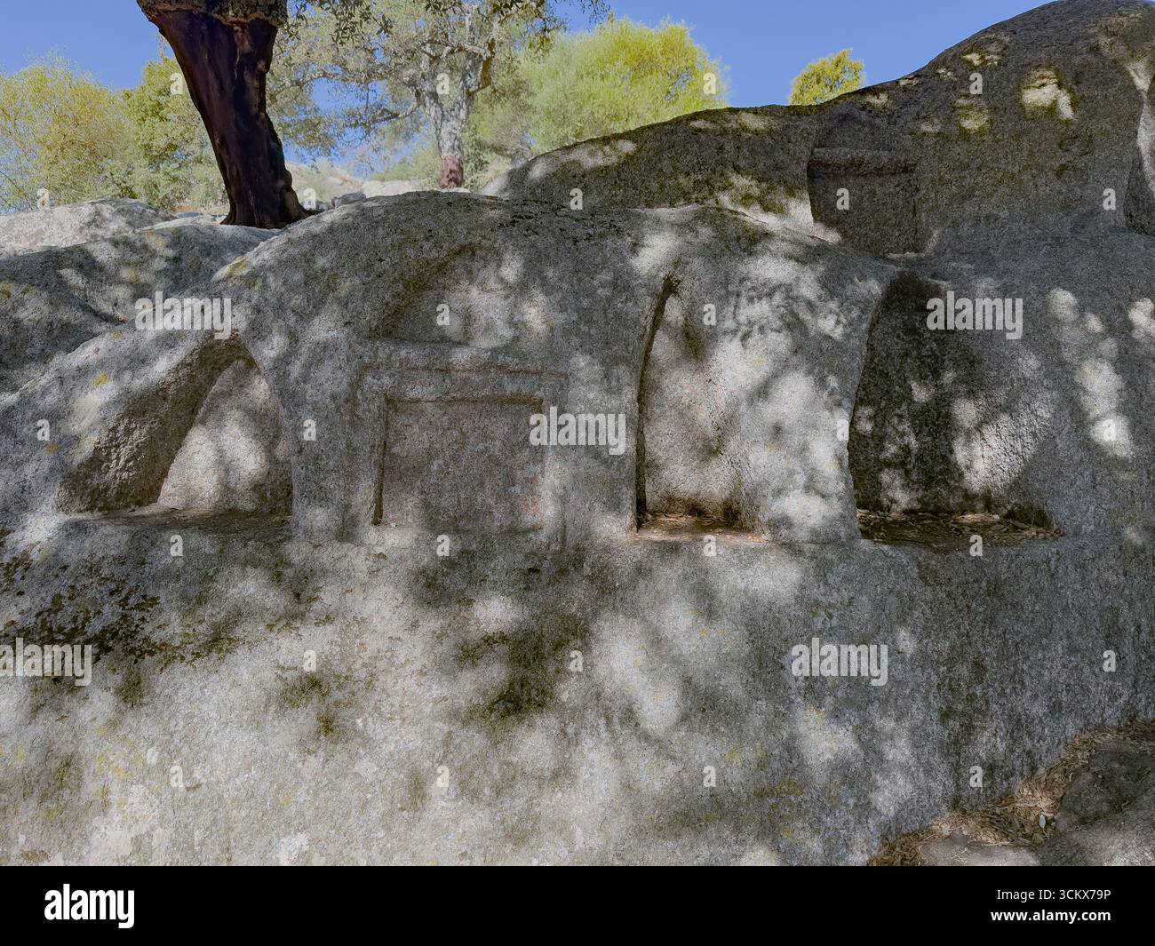 Ancient rock-cut altar with multiple niches under oak trees in Sardinia ...