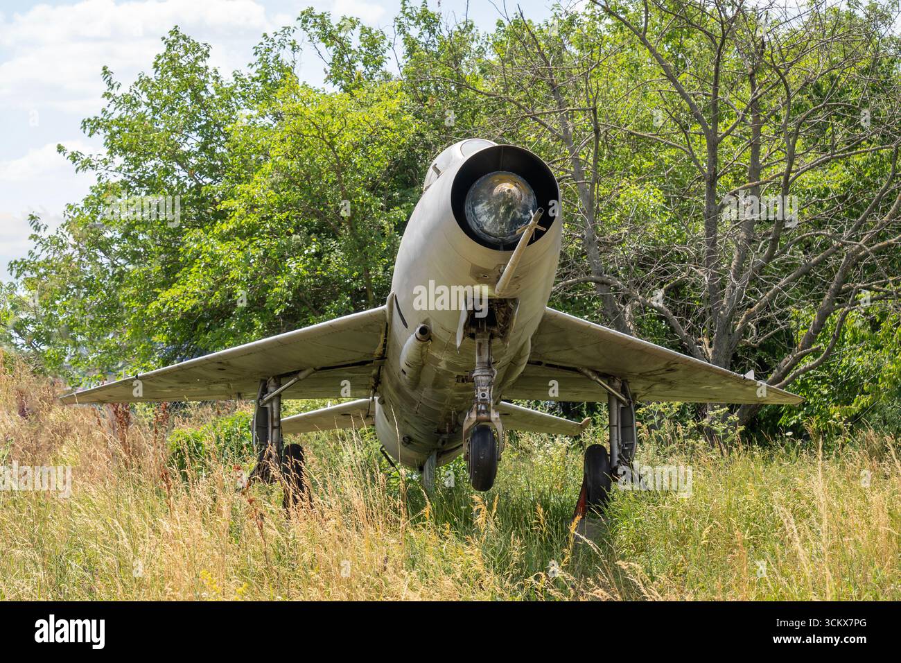 Old Soviet-made metallic Mig-21 fighter jet in an abandoned green field ...