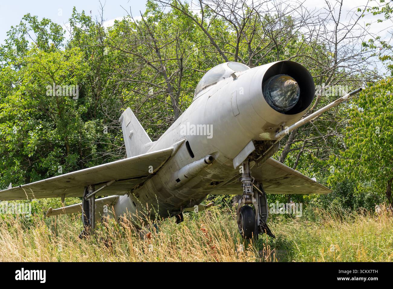 Old Soviet-made metallic Mig-21 fighter jet in an abandoned green field ...