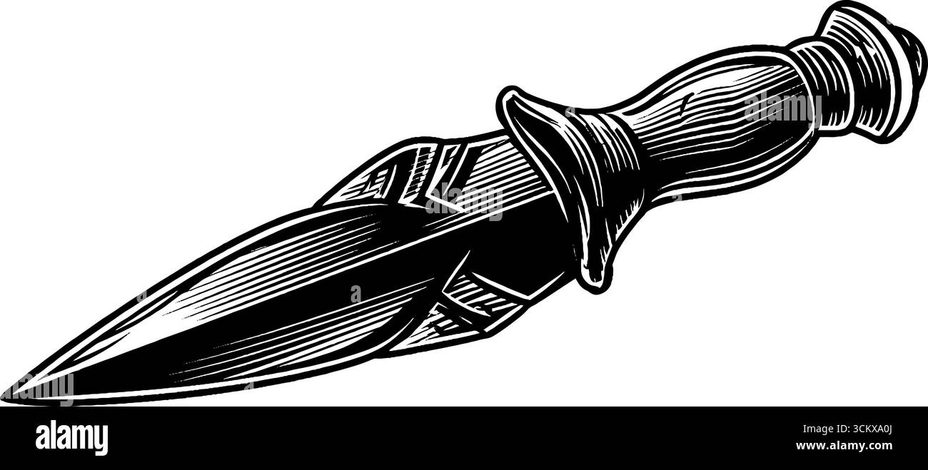 Ceremonial flint dagger in black and white woodcut style for historical ...
