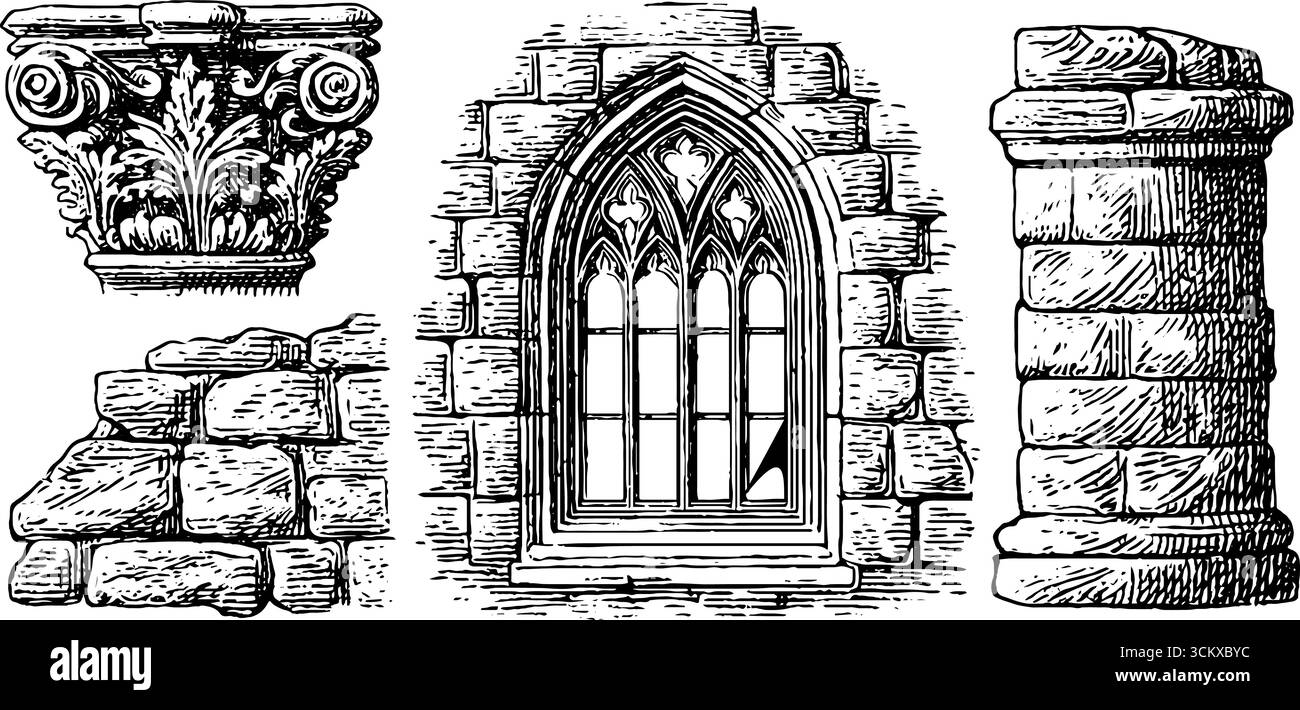 Architectural elements of fortress wall with gothic arch and ornate ...