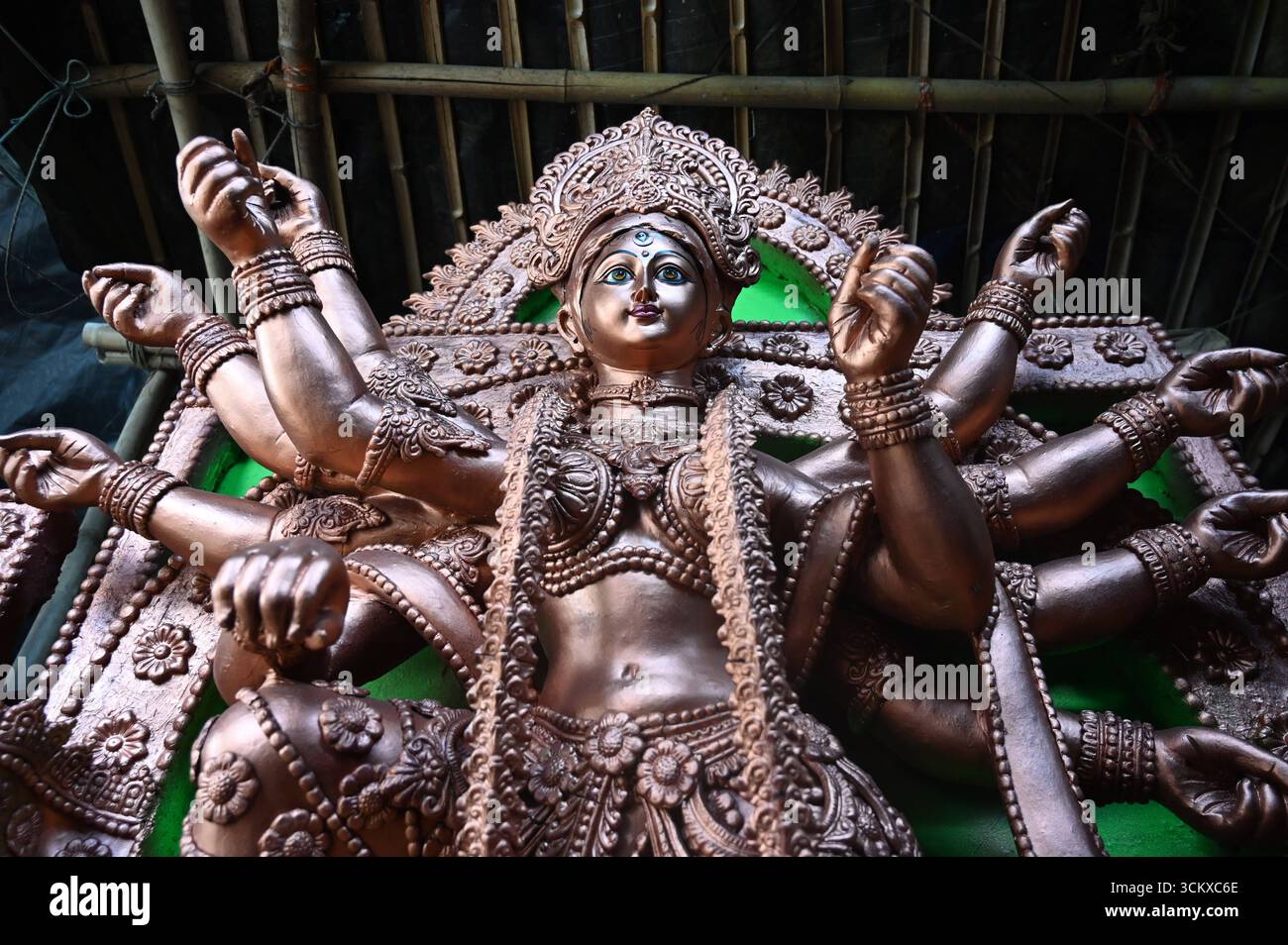 NOIDA, INDIA - SEPTEMBER 13: The artist created idols of Hindu goddess Durga, Goddess Lakshmi ...
