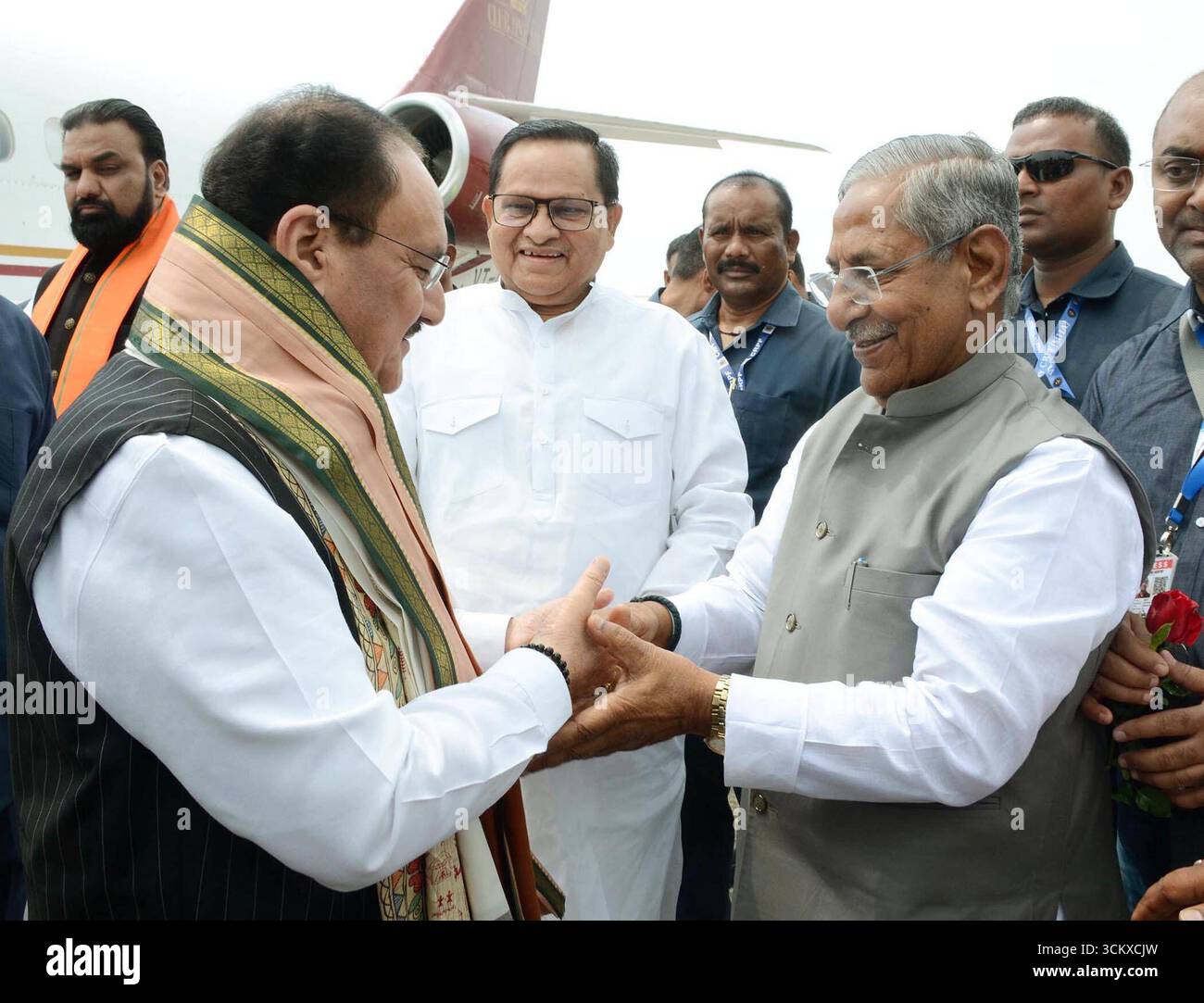 PATNA, INDIA - SEPTEMBER 13: Bihar Assembly Speaker Nand Kishore Yadav welcoming BJP national ...