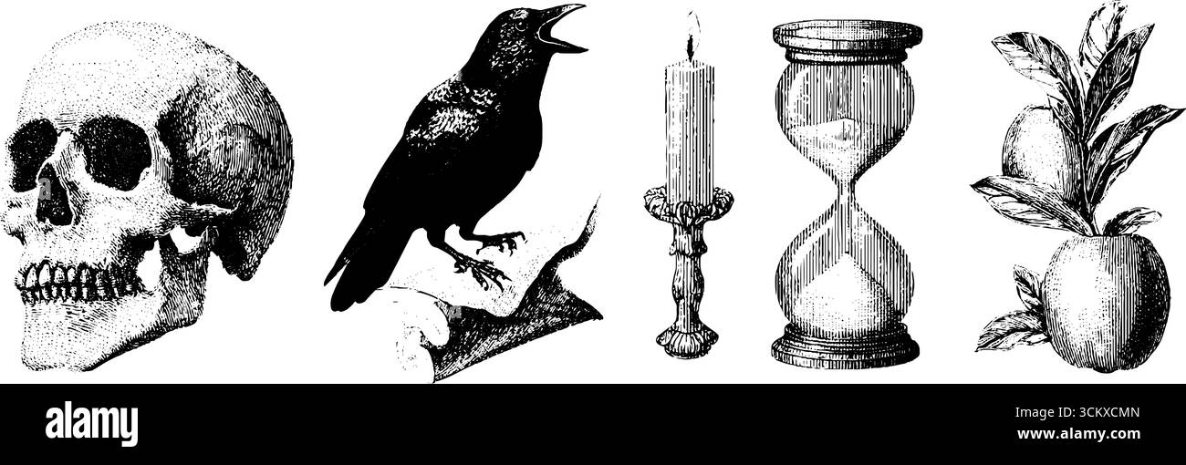 Vintage occult symbol collection with skull, hourglass, candle, crow ...