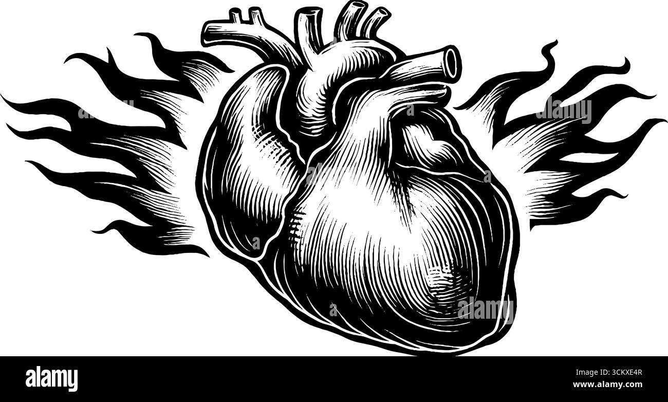 Flaming heart symbol in black and white woodcut design Stock Vector ...
