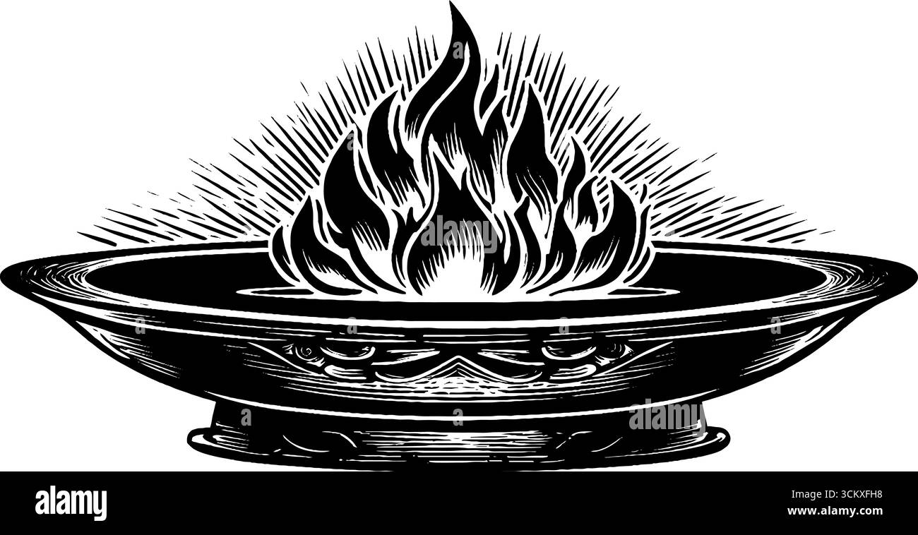 Ceremonial flame with ancient symbols and light for mythical rituals ...