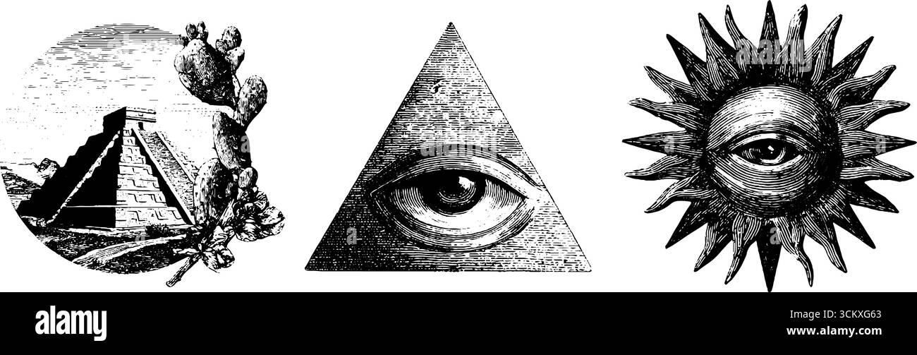 Ancient aztec symbols: pyramid, glyph with all-seeing eye, and sun ...