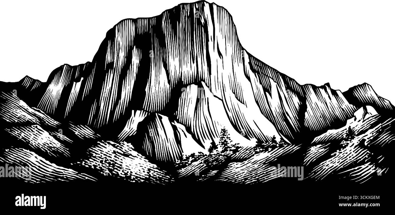 Dramatic cliff face with vertical rock striations in monochrome design ...