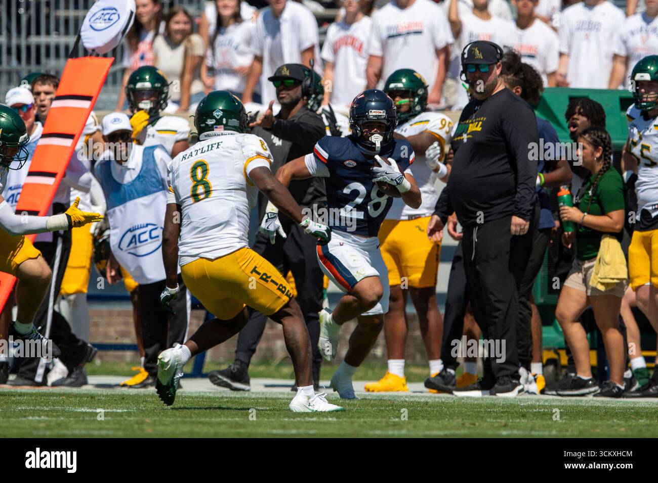Virginia running back Noah Vaughn (28) runs down the sideline for a big ...