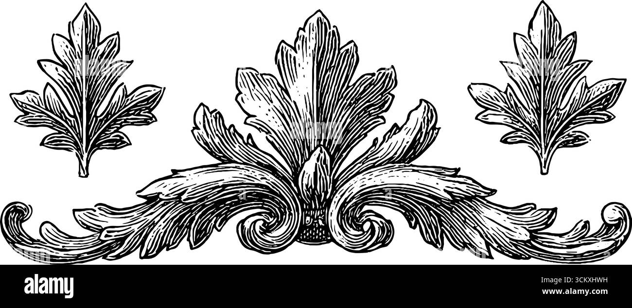 Ornate scroll motif design with twined border elements for decorative ...