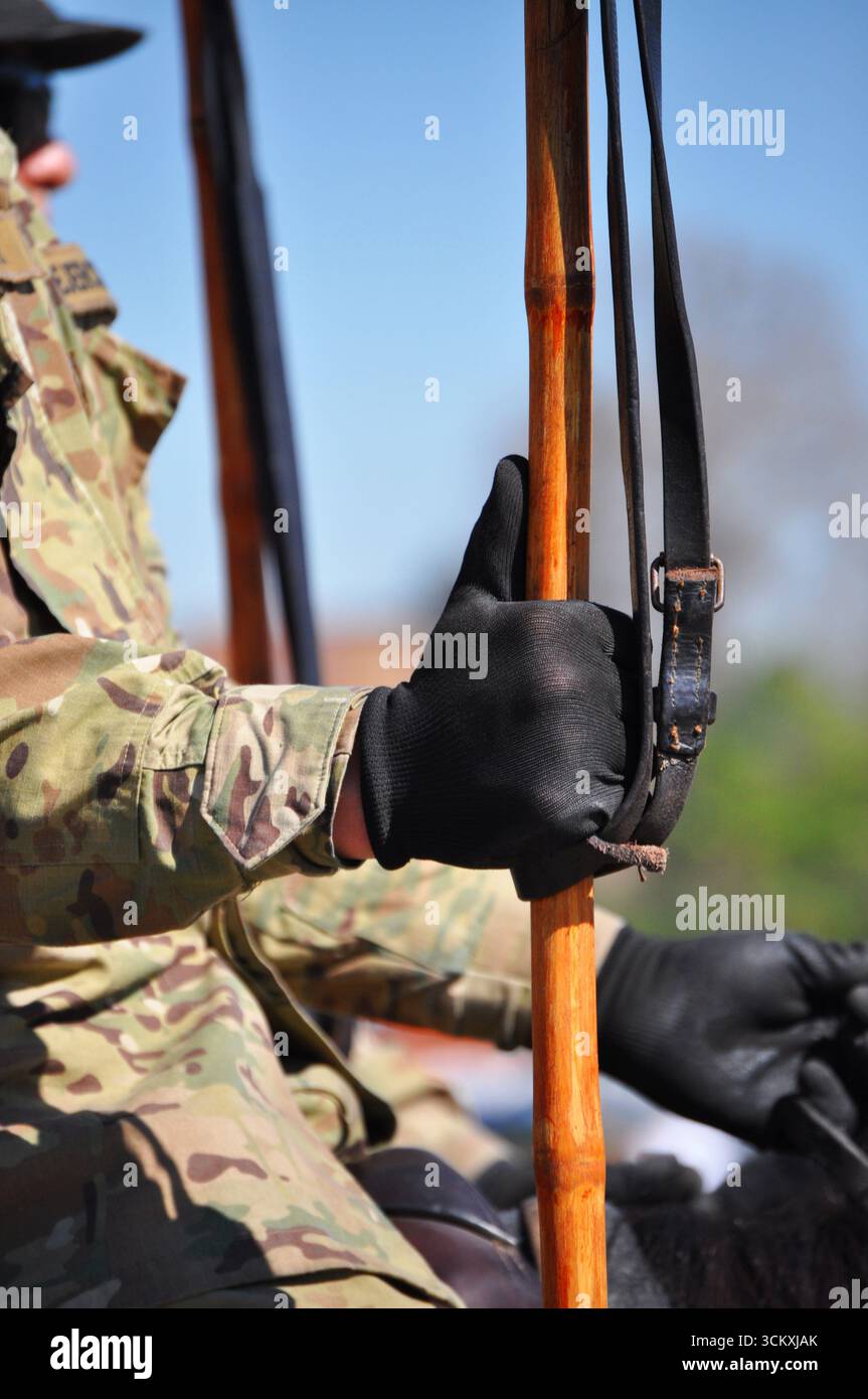 Soldier's hand holding a spear Stock Photo - Alamy