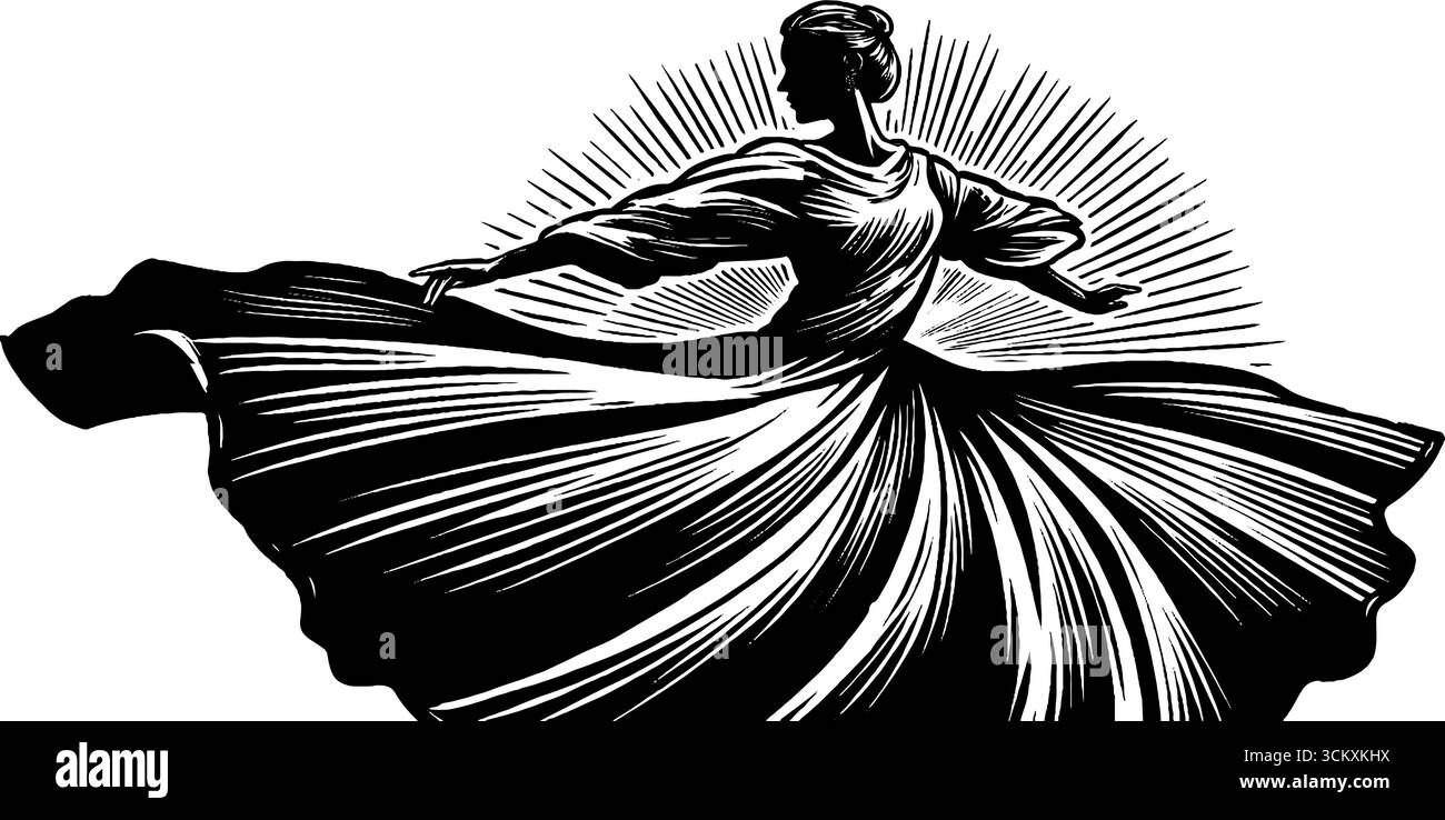 Graceful dancer spinning with flowing garment in black and white art ...