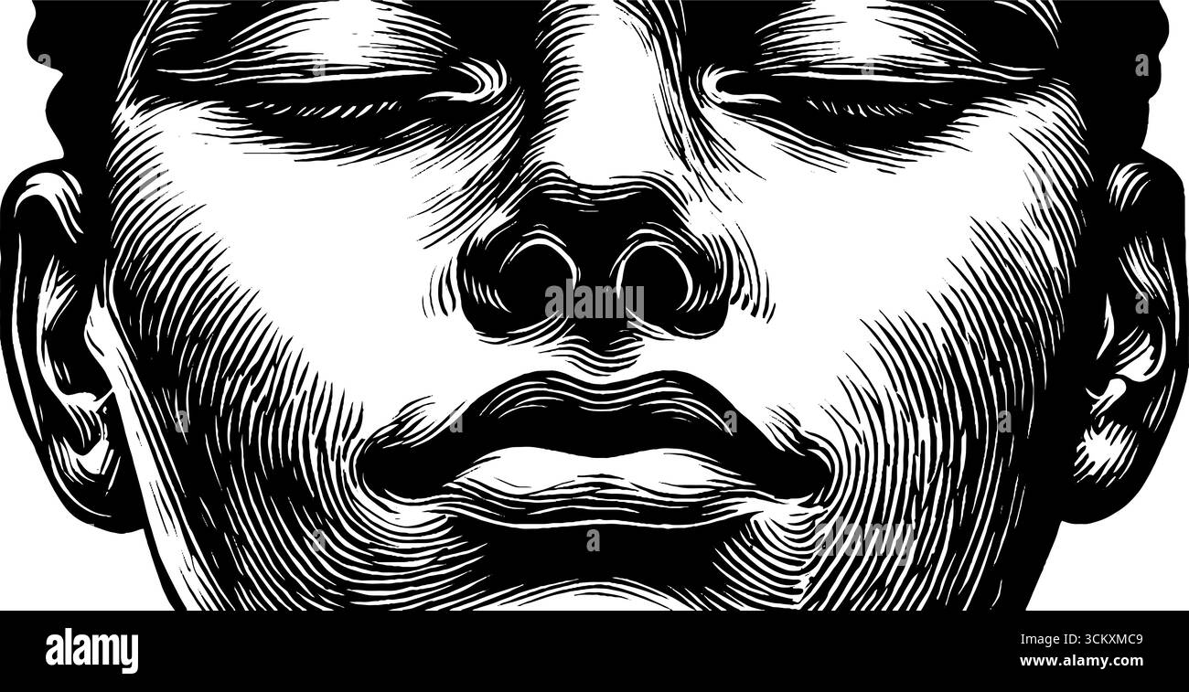 Serene face with wind lines in black and white for calmness and ...