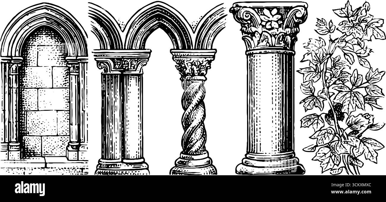 Architectural elements of romanesque cloister and gothic ribbed vault ...