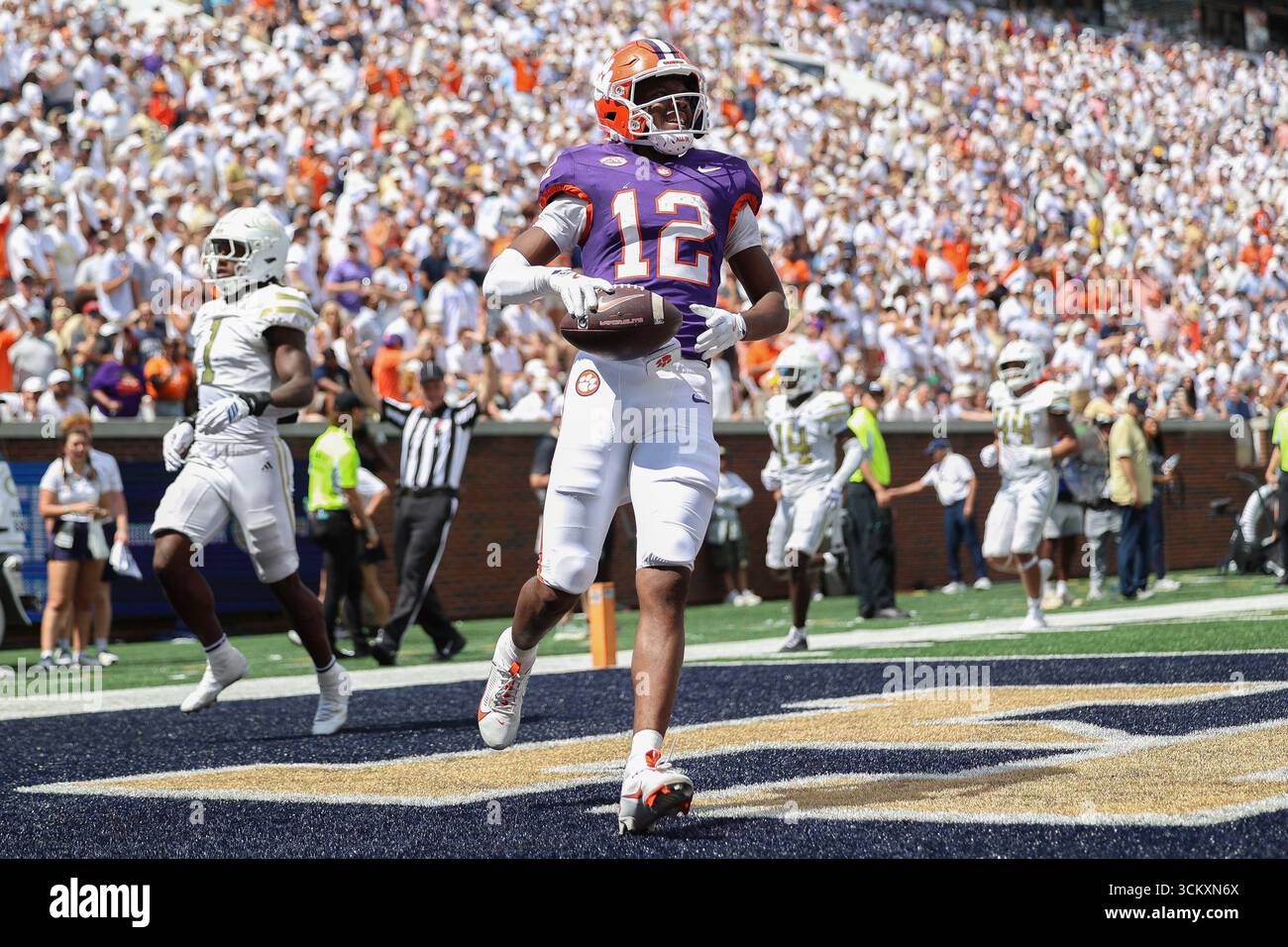 Clemson wide receiver Bryant Wesco Jr. (12) reacts after scoring a ...