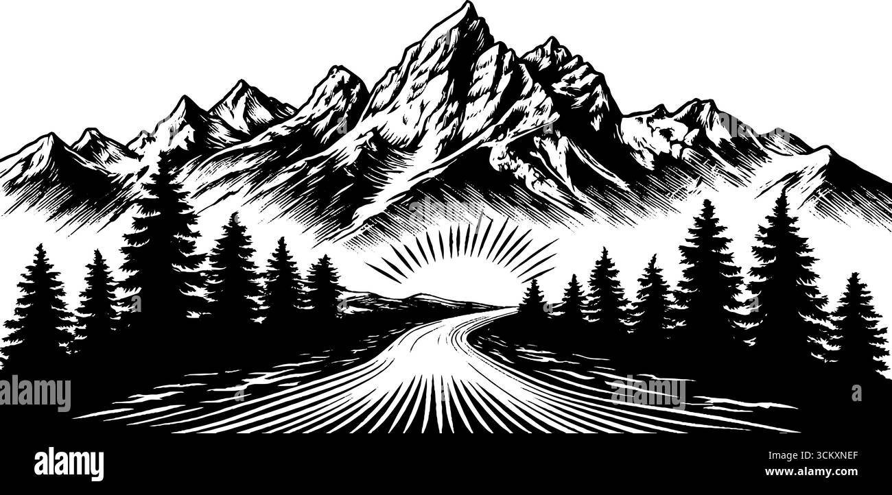 Scenic mountain pass with pine trees and dramatic peaks in black and ...