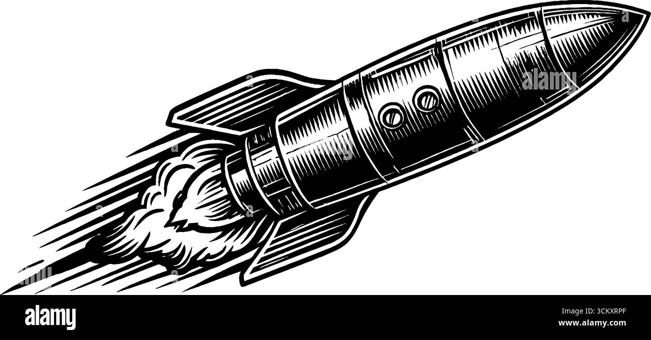 Rocket ship blasting off in black and white woodcut style for design ...