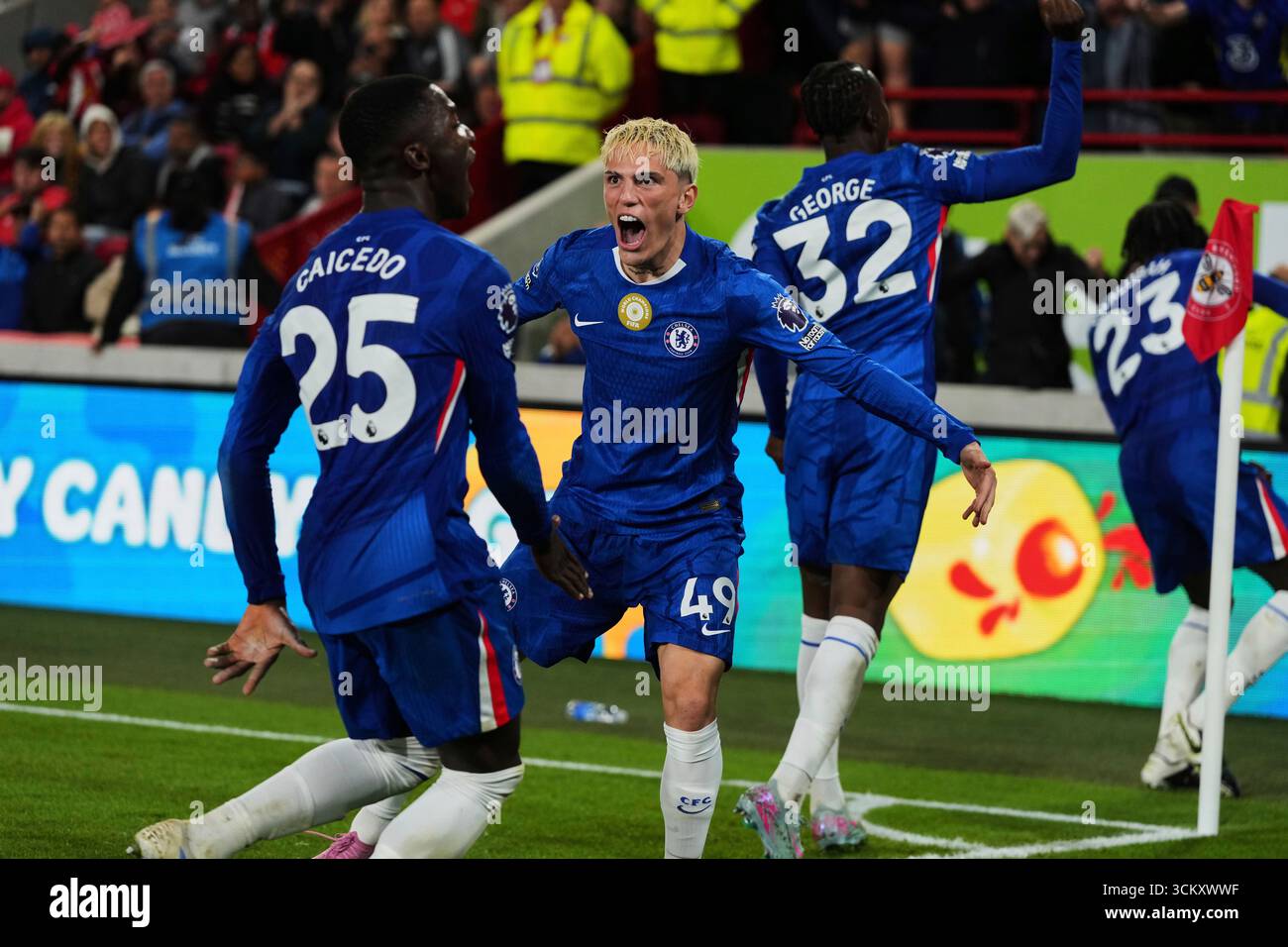 Chelsea's Moises Caicedo and Alejandro Garnacho celebrate after a goal during the Premier League ...