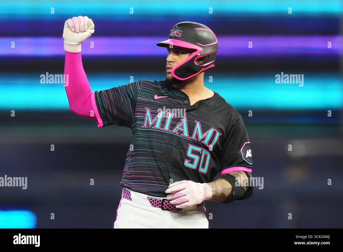Miami Marlins' Agustin Ramirez (50) reacts after hitting a double ...