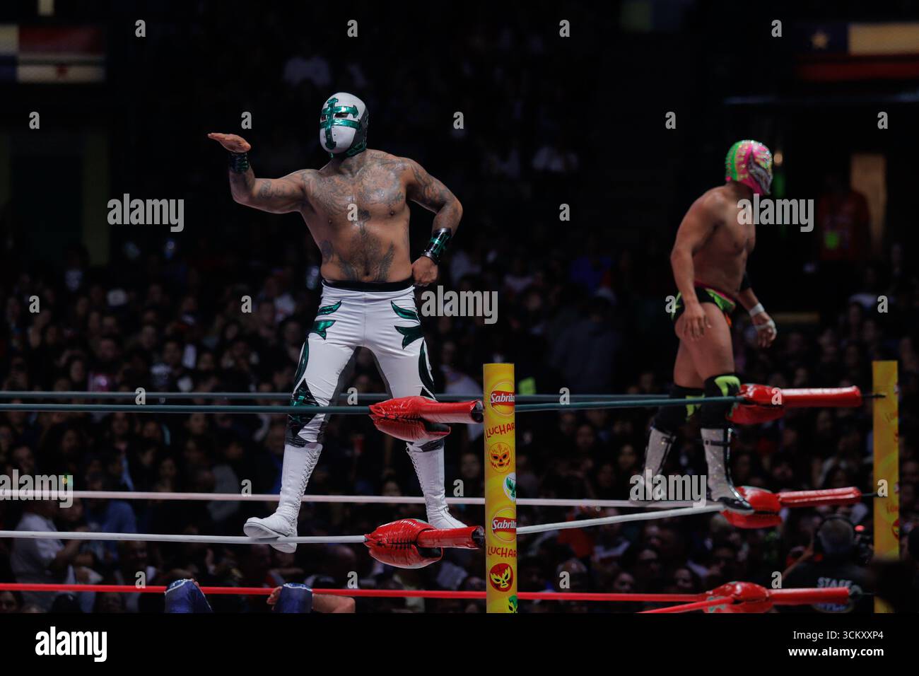 Wrestler Templario looks on during a wrestling show of the World ...
