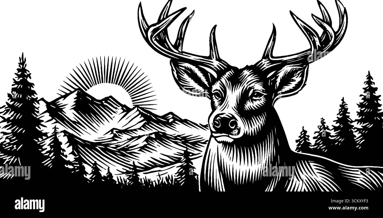 Mirrored stag and radiant sun in mountain landscape with wide crest ...