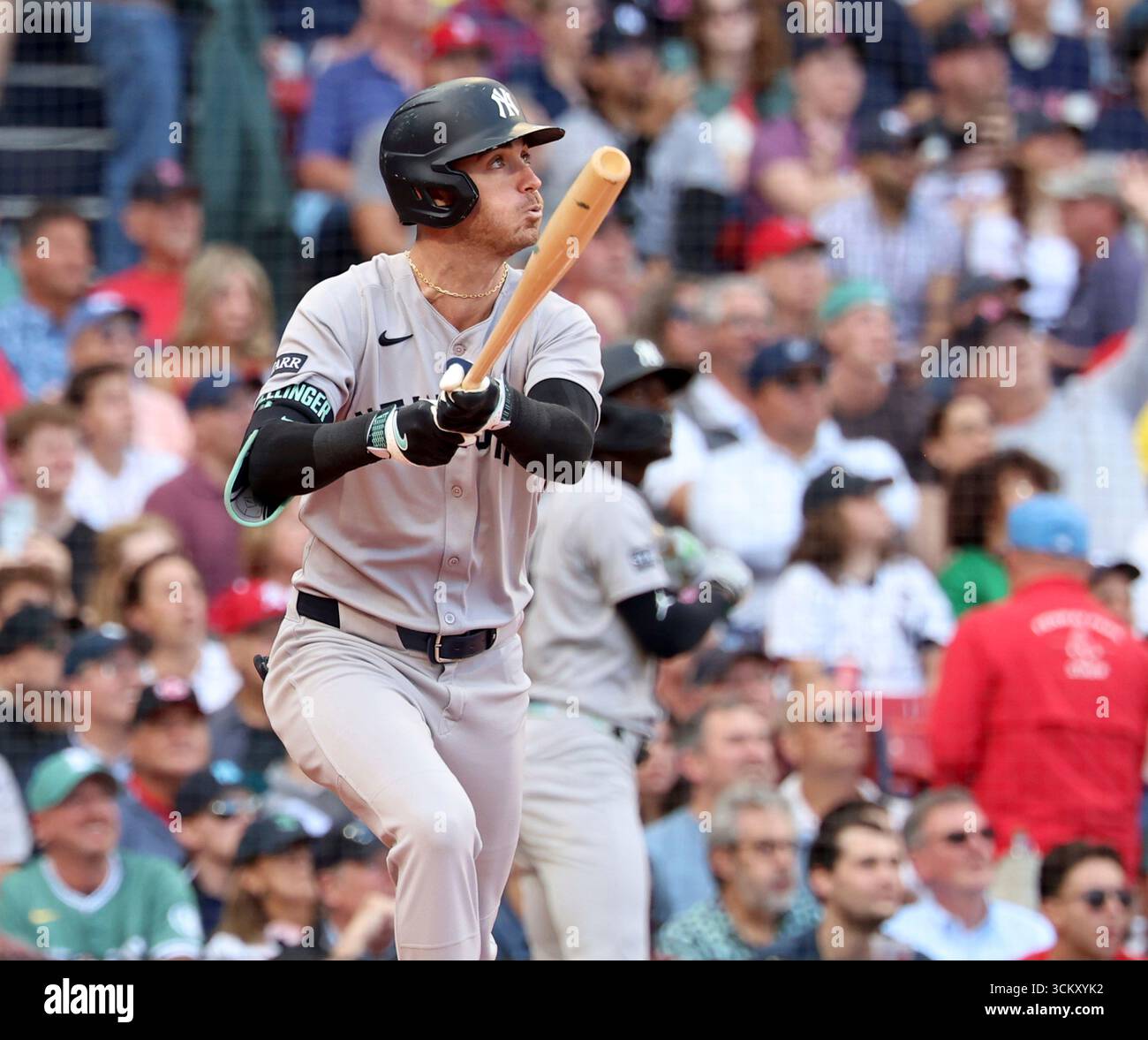 New York Yankees' Cody Bellinger watches his ball fly foul during the ...