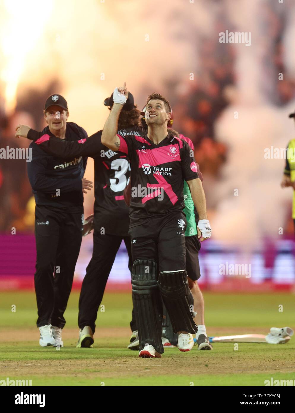 Somerset's Sean Dickson celebrates after Lewis Gregory (not pictured ...