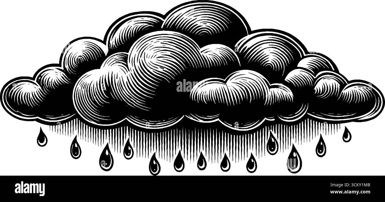 Hand-drawn rain cloud with falling drops in black and white design for ...