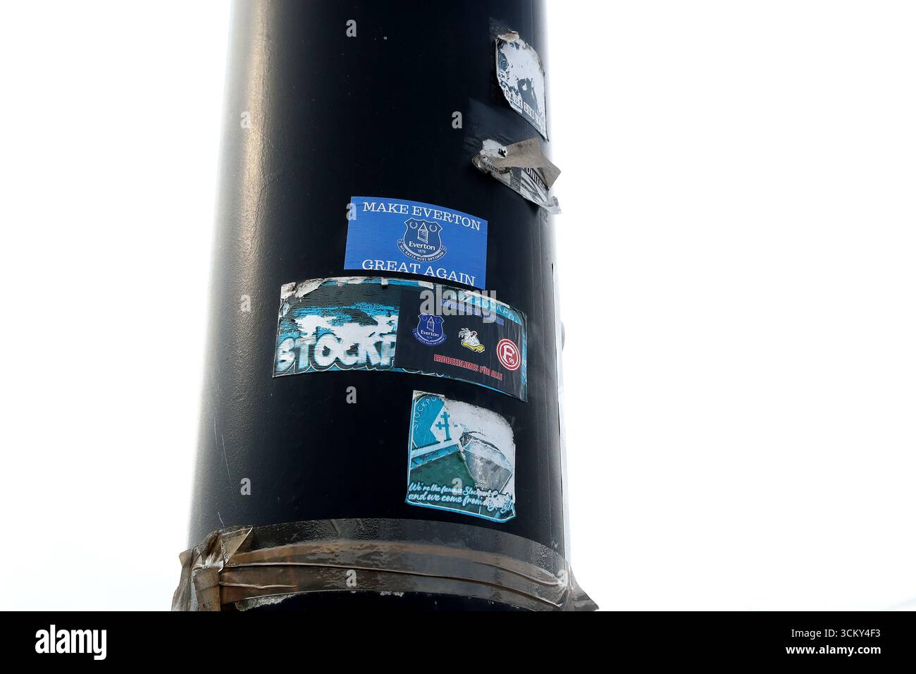Everton stickers on a pole opposite the stadium ahead of the Premier ...